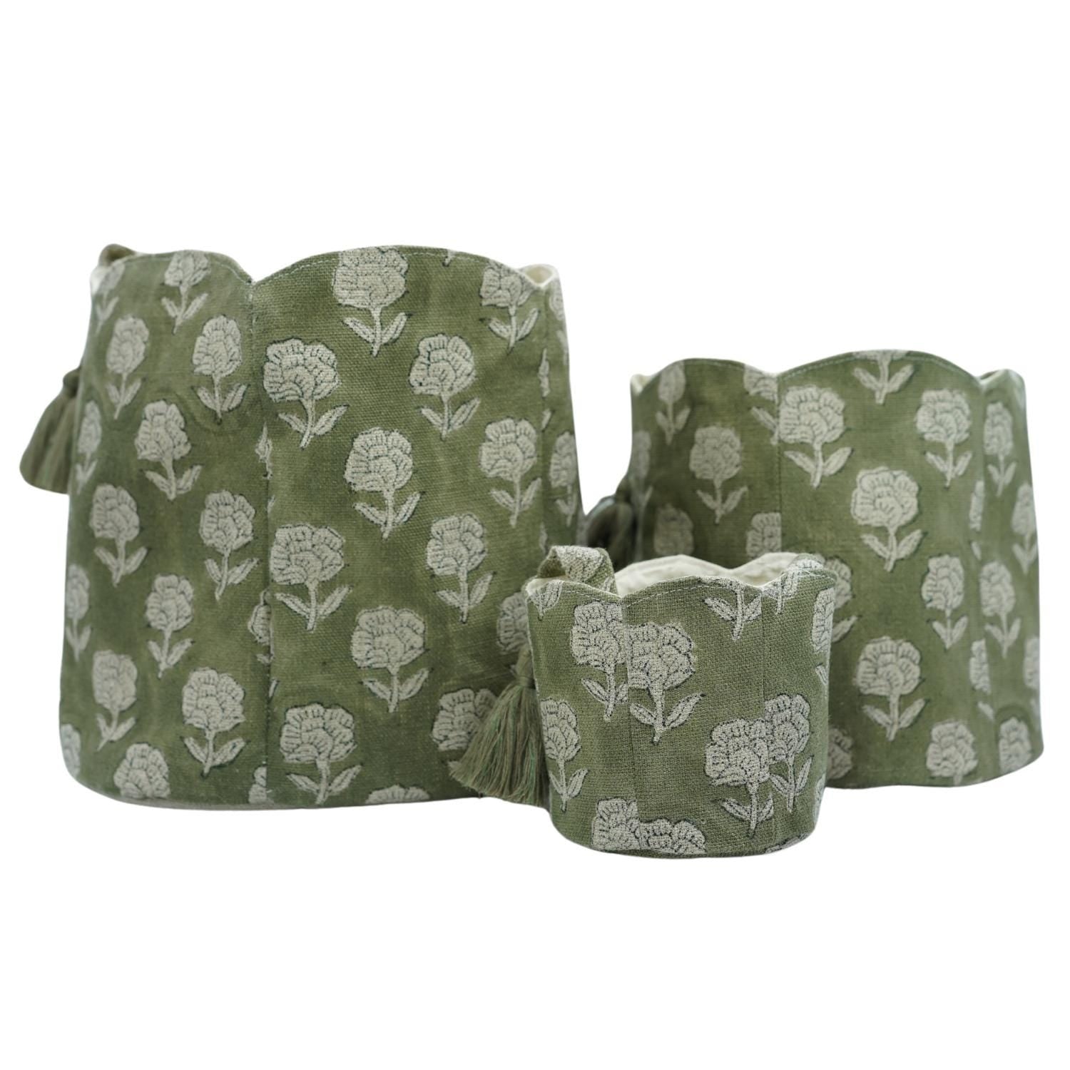 BLOCK PRINTED LINEN STORAGE BASKETS HANDMADE FLORAL ORGANIZERS – Fabdivine