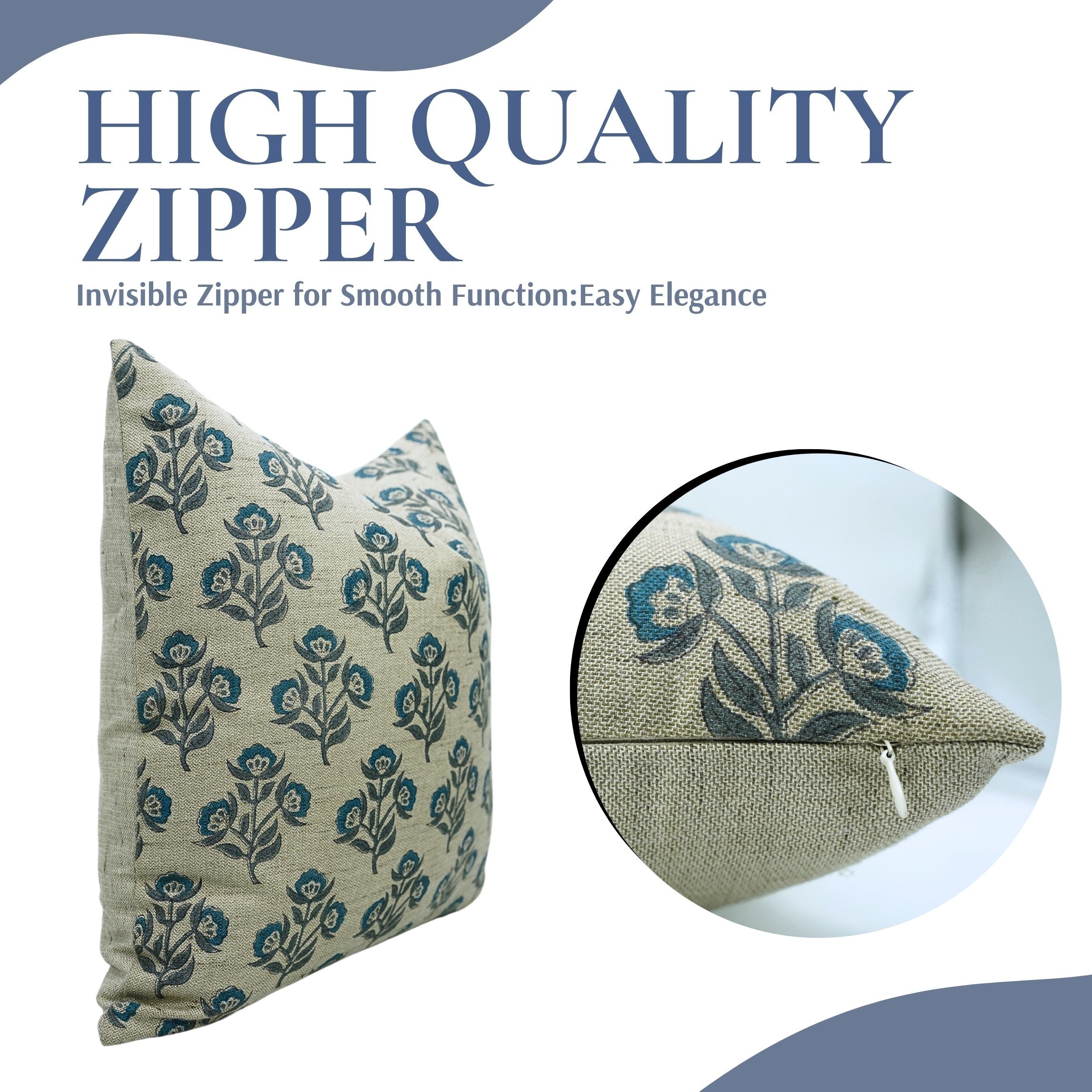 Block Print Blue Floral Pattern Linen Blend Pillow Cover - Bael Patra ...