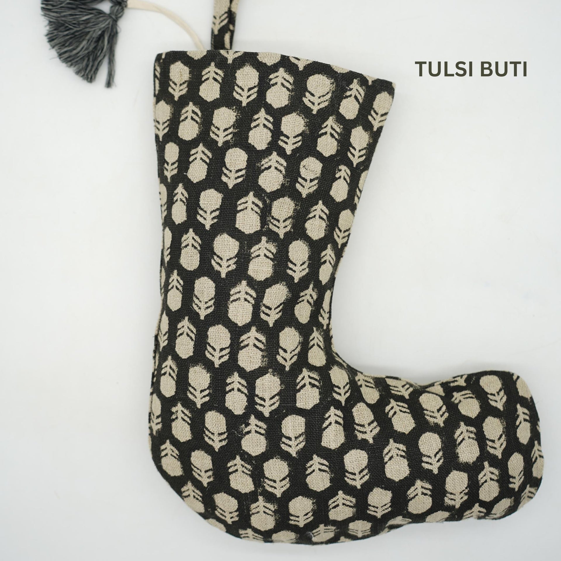 Hand Block Print Linen Christmas Stockings Floral Beige Pom Pom Decor ...